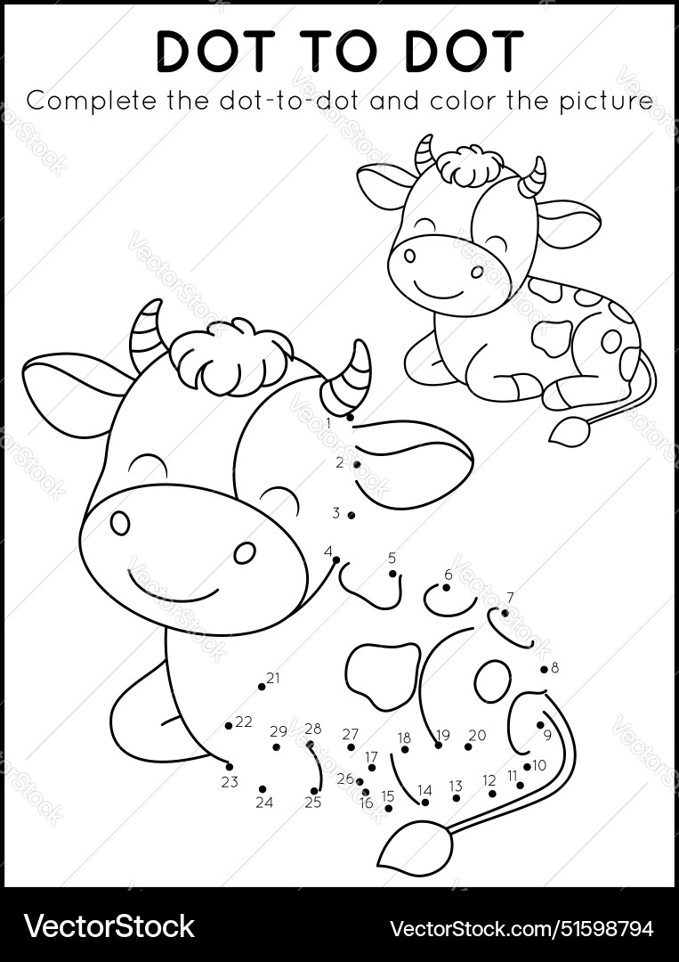 Cute cow dot-to-dot coloring in worksheet for kids