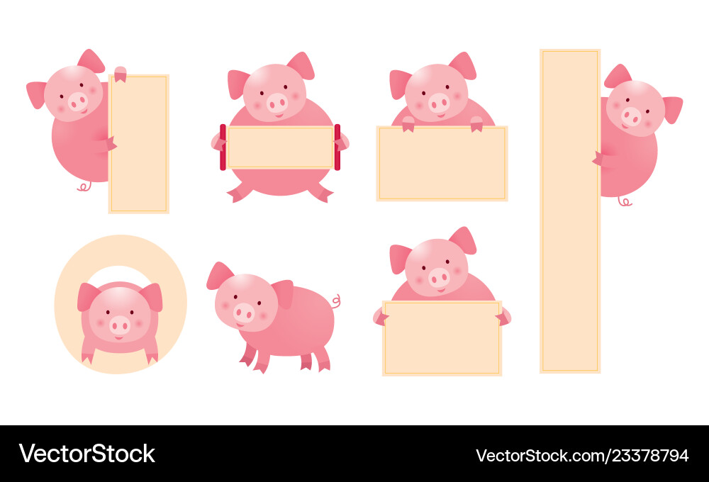 Pig cartoon character holding sign set Royalty Free Vector