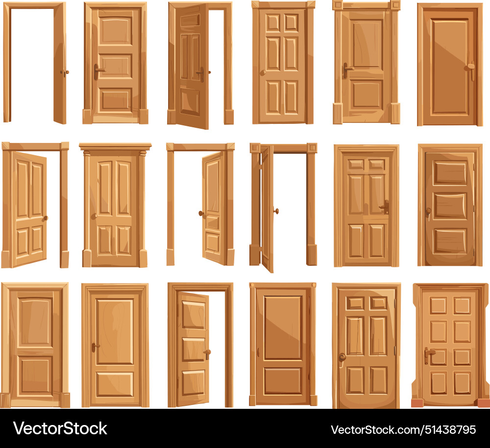 Closed open door cartoon set wooden Royalty Free Vector