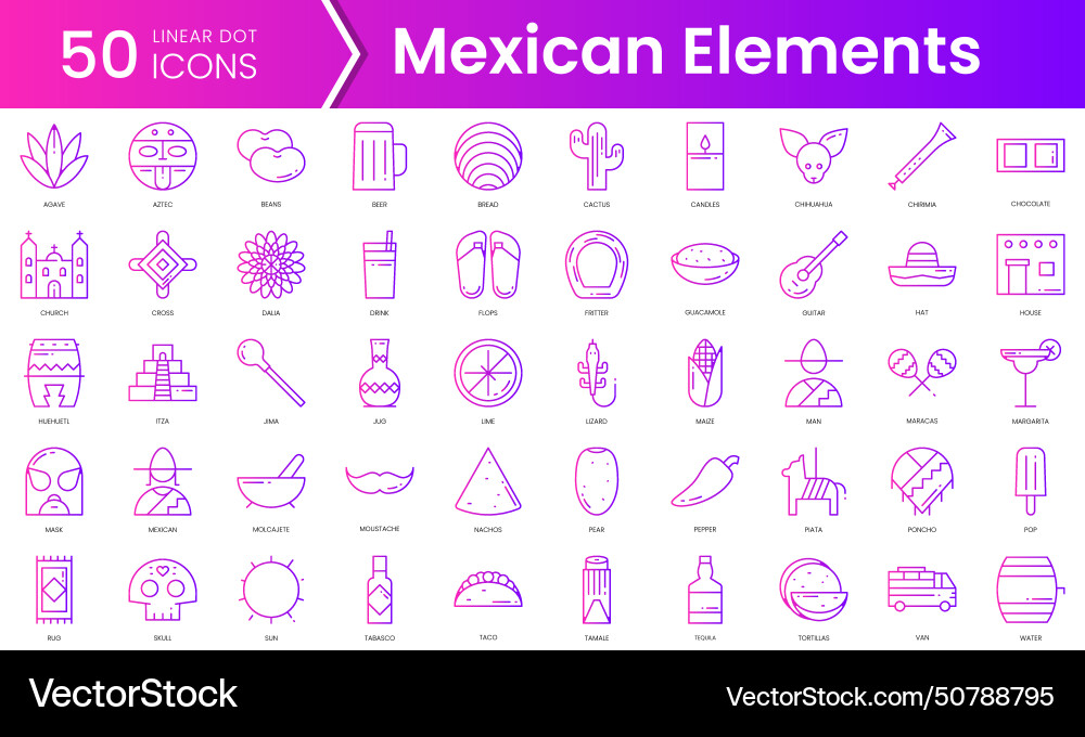 Set of mexican elements icons gradient style icon Vector Image