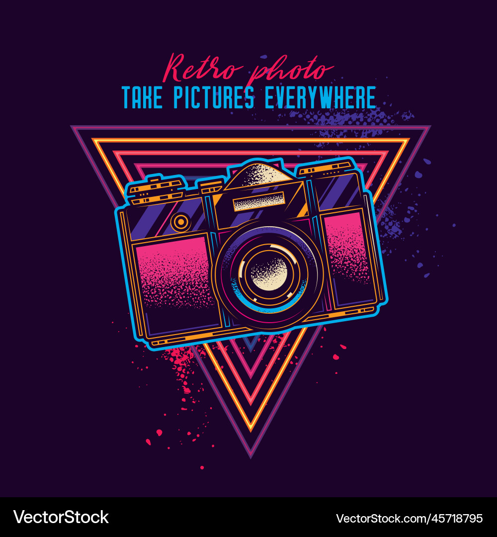 Vintage camera in neon style Royalty Free Vector Image