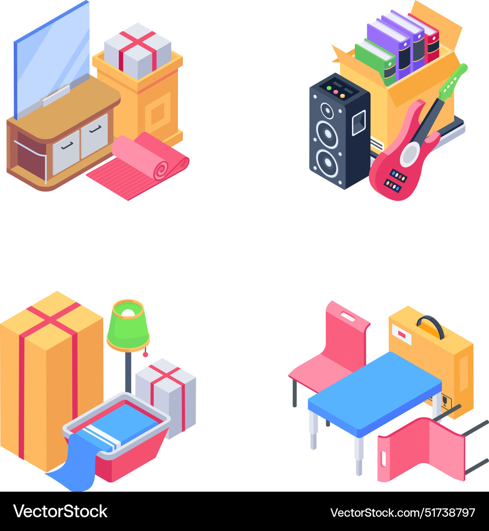 Bundle of packing stuff isometric icons Royalty Free Vector