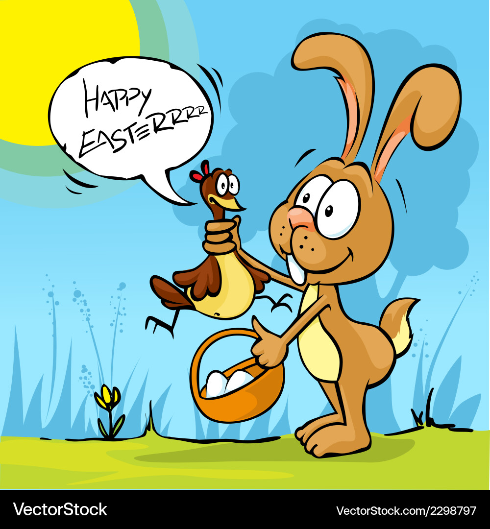 Happy easter - funny bunny hold hen want egg Vector Image