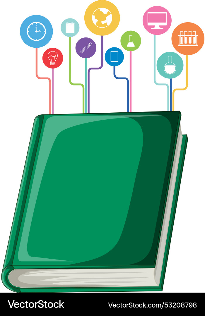 Book with various educational icons above Vector Image