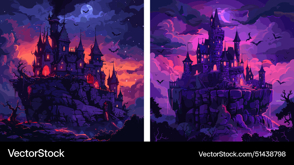 Creepy castle cartoon style set gothic Royalty Free Vector