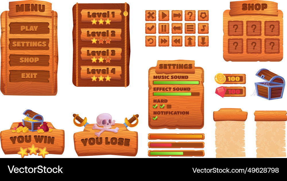 Game wood interface cartoon wooden ui board frame Vector Image