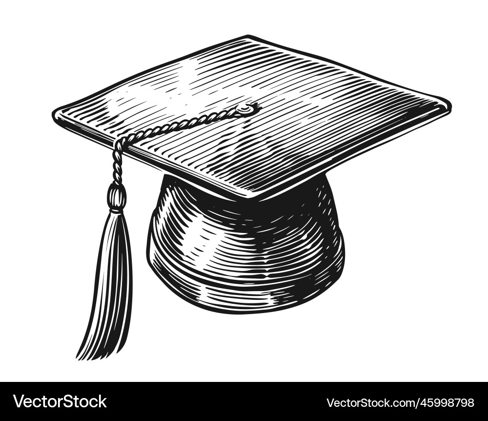Graduation cap hand drawn student hat with tassel Vector Image