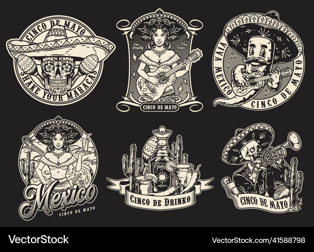 Mexican celebration monochrome labels set Vector Image
