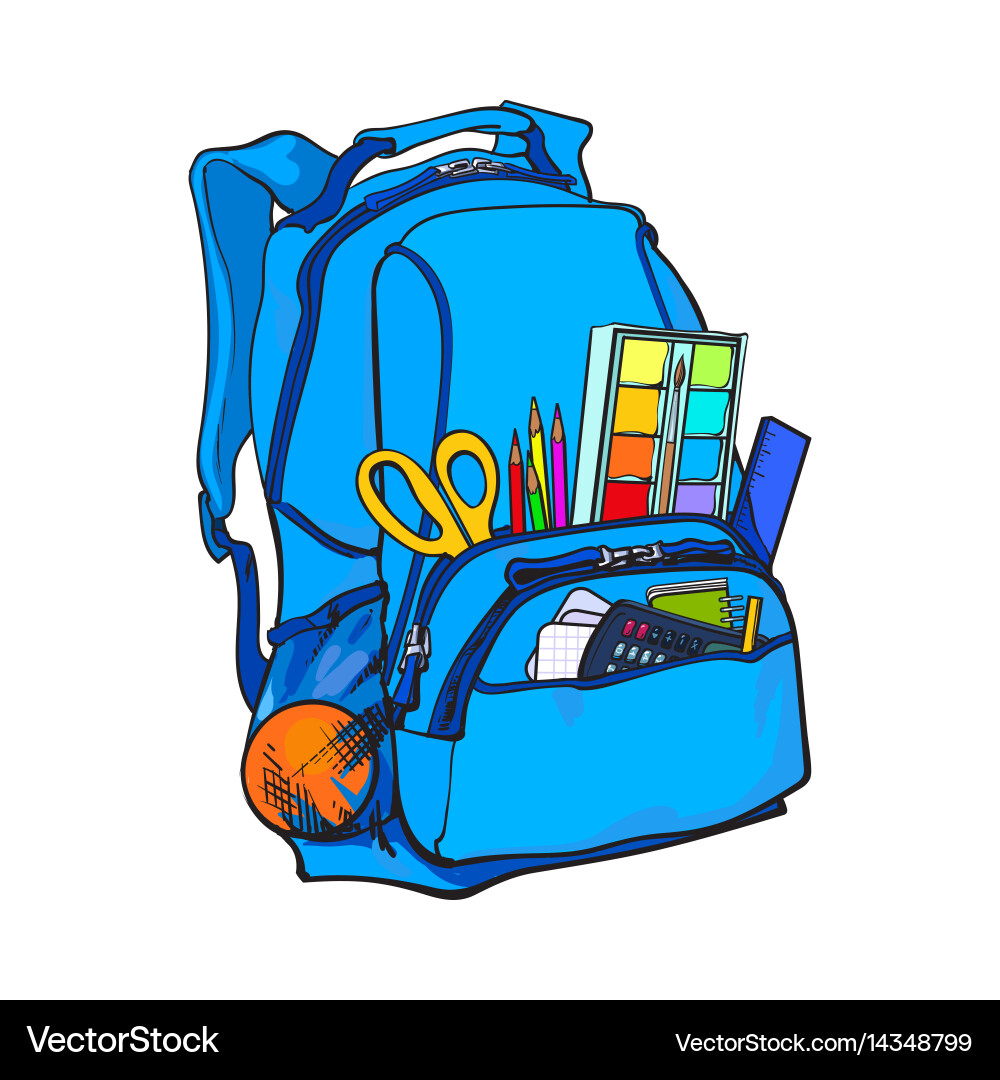 Blue backpack packed with school items supplies Vector Image