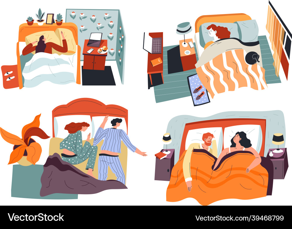 People sleeping in bed tired and exhausted asleep Vector Image