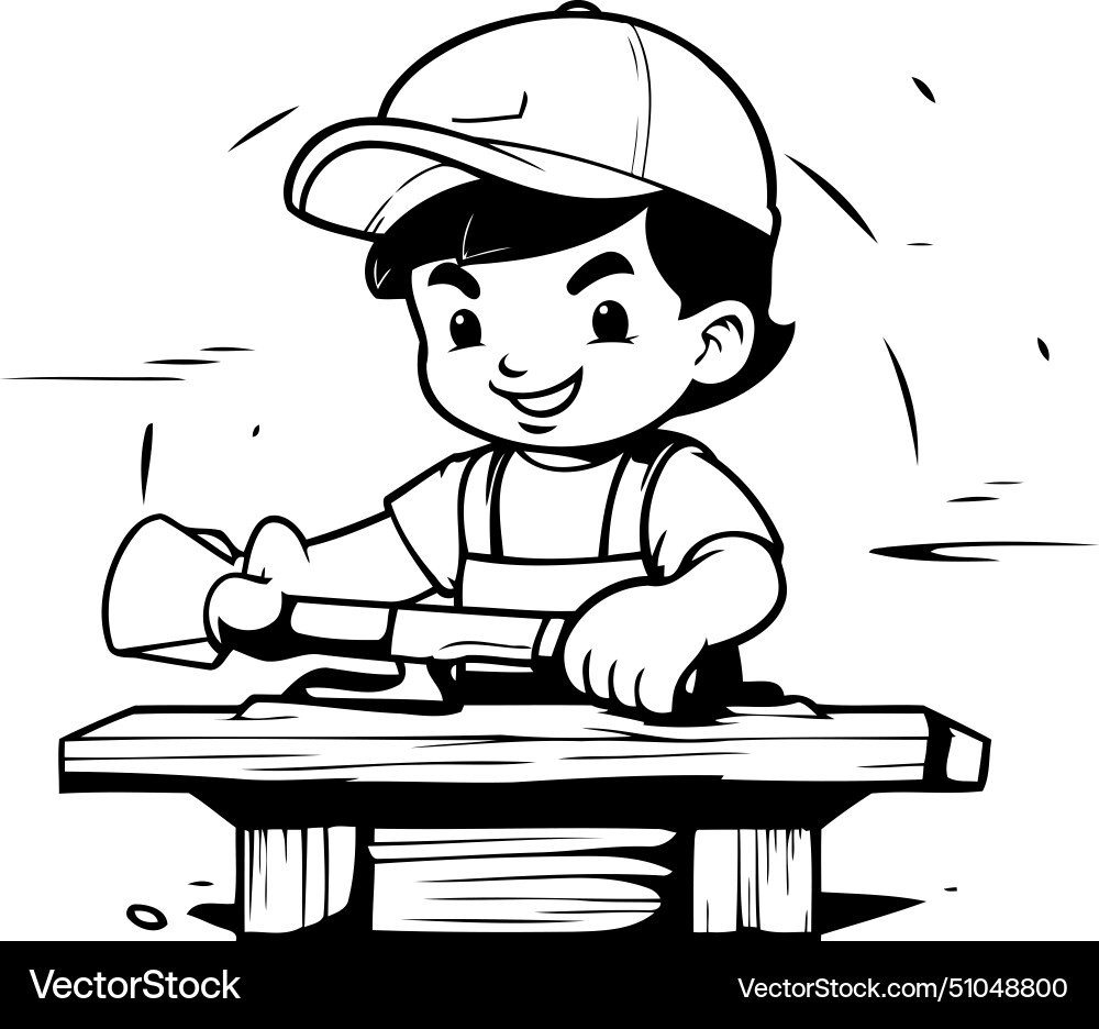 Carpenter boy working on wood plank cartoon Vector Image