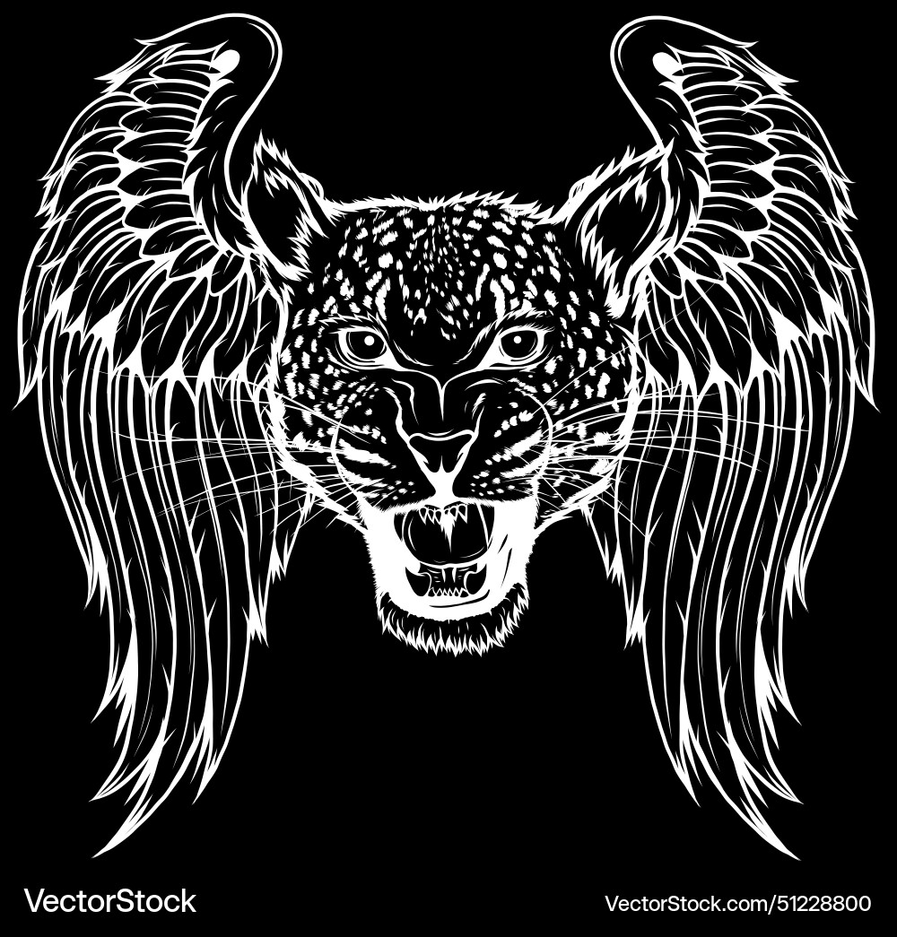 White silhouette of leopard head with wings Vector Image