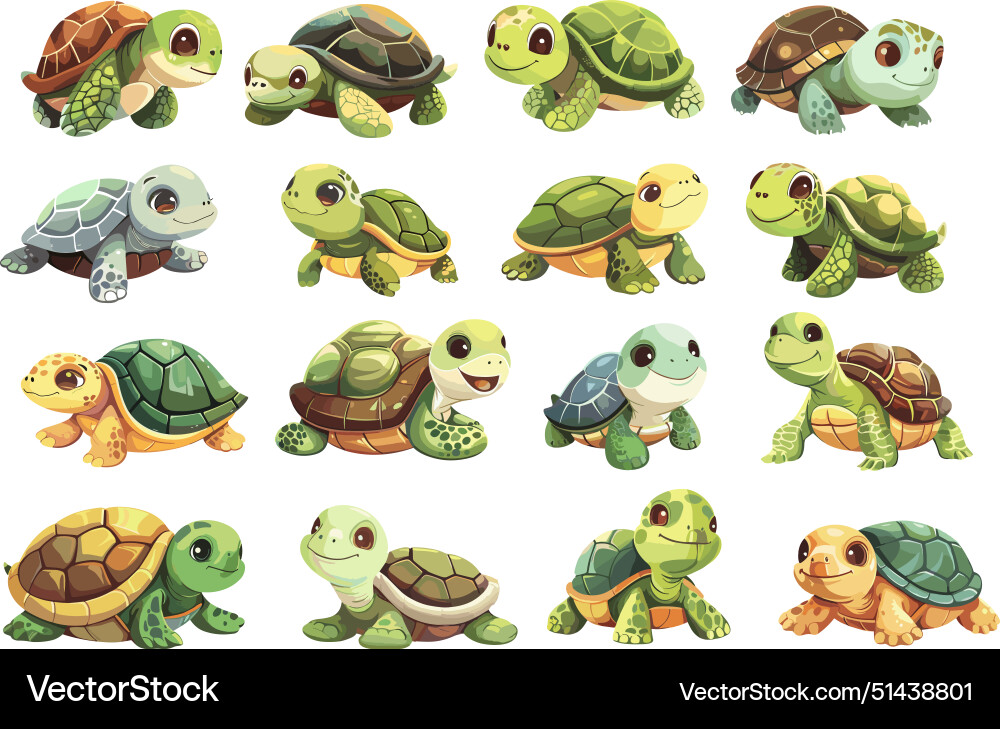 Cute turtles cartoon set green skinned Royalty Free Vector
