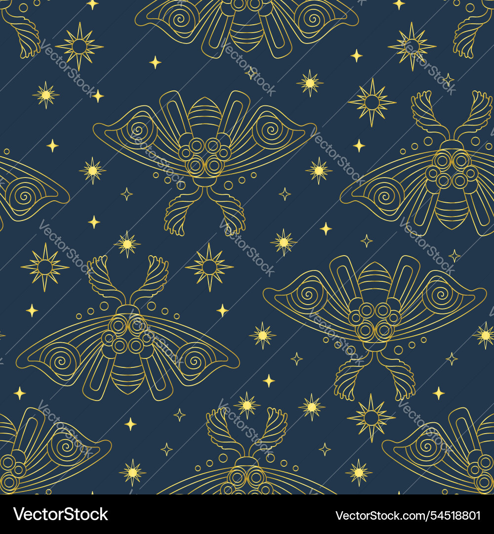 Linear stars and moths seamless pattern Royalty Free Vector