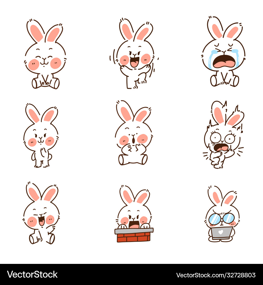 Funny Bunny Doodle Character Set Royalty Free Vector Image