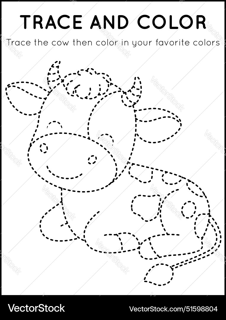 Trace and color cute cow in worksheet for kids Vector Image