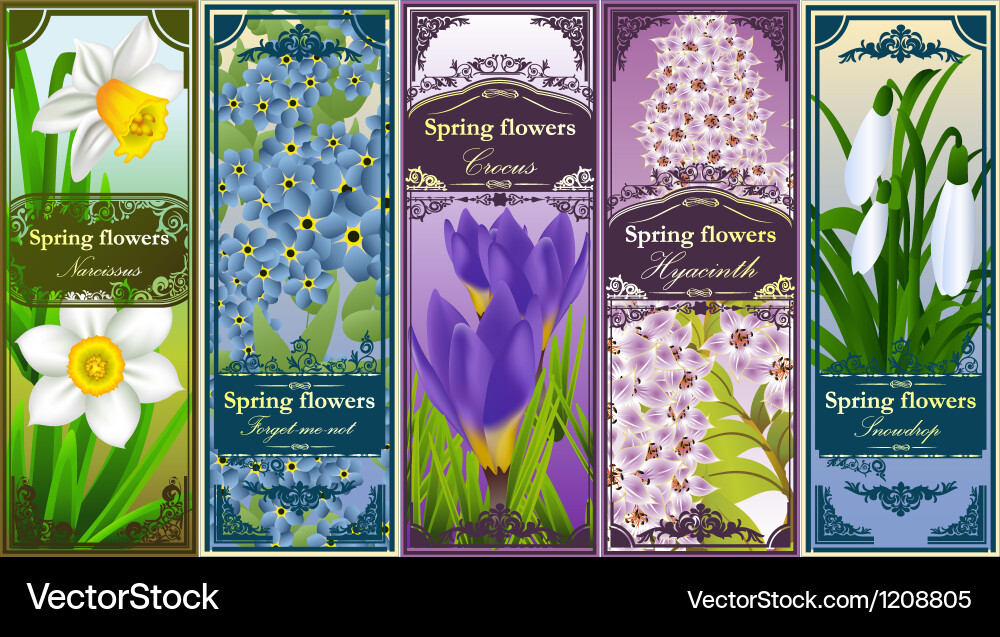 Five retro bookmarks with spring flowers Vector Image