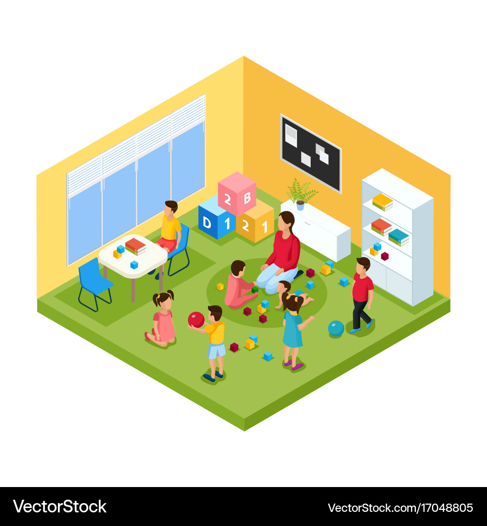 Isometric children in kindergarten concept Vector Image