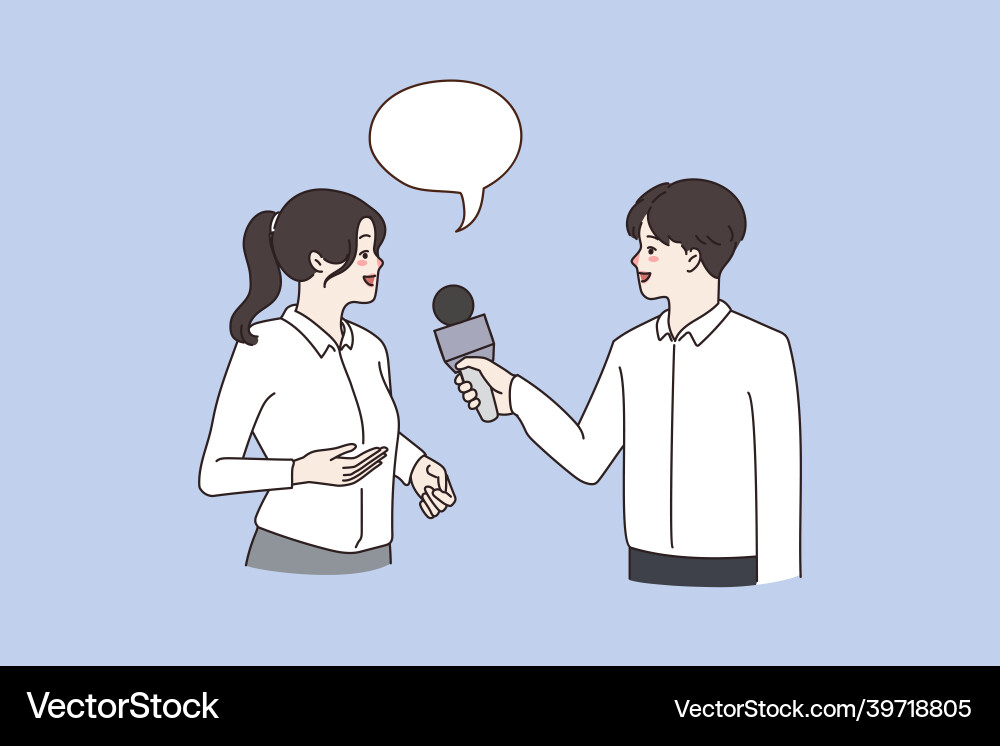 Man hold microphone speak interview smiling woman Vector Image