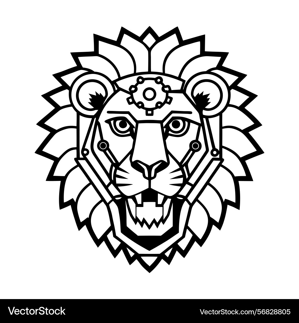 Mechanical cyber lion head line art Royalty Free Vector