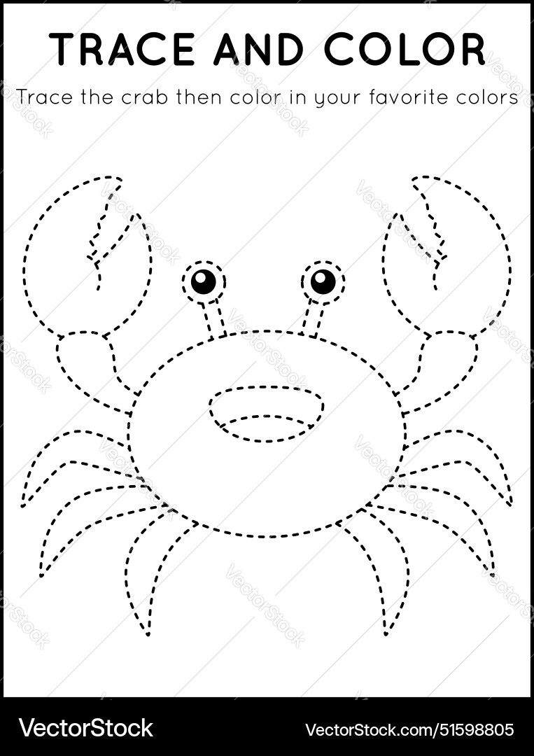 Trace and color cute crab in worksheet for kids Vector Image