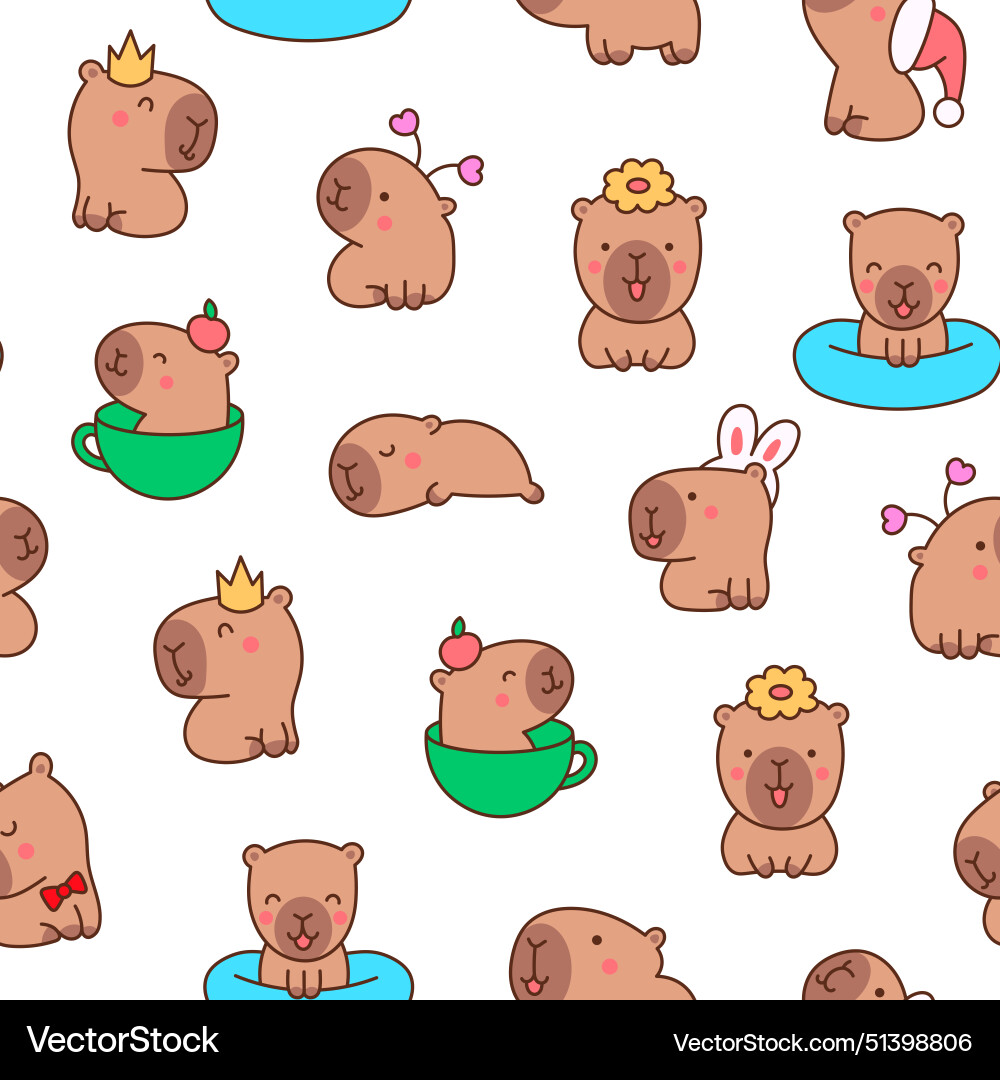 Cute cartoon kawaii capybara seamless pattern Vector Image