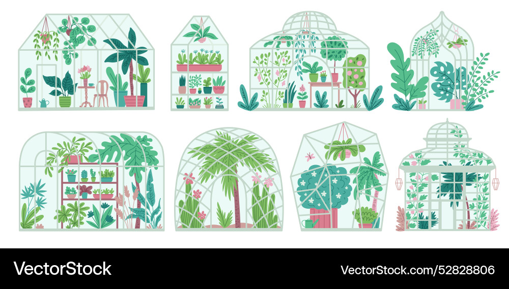 Diverse greenhouse garden scenes Royalty Free Vector Image