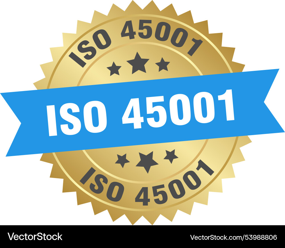 Iso 45001 round blue and gold label Royalty Free Vector