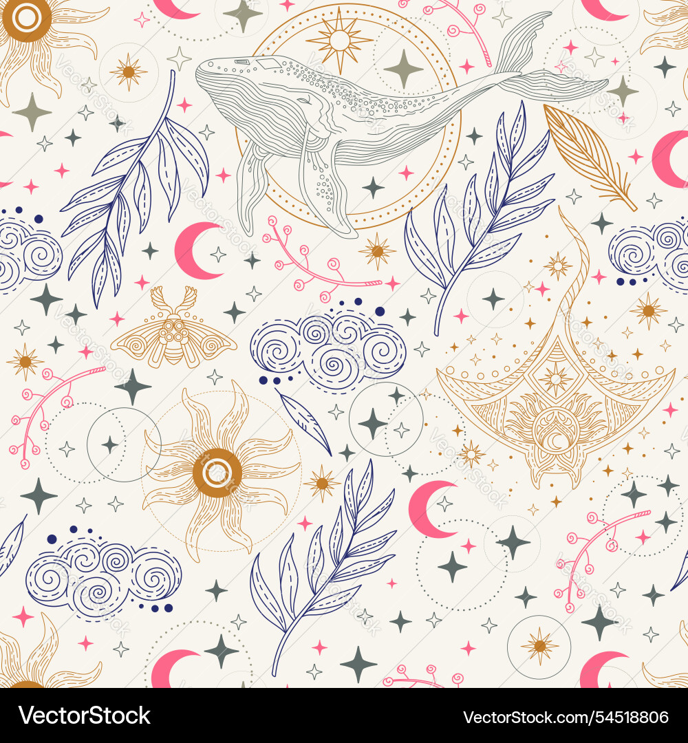 Linear celestial seamless pattern with animals Vector Image