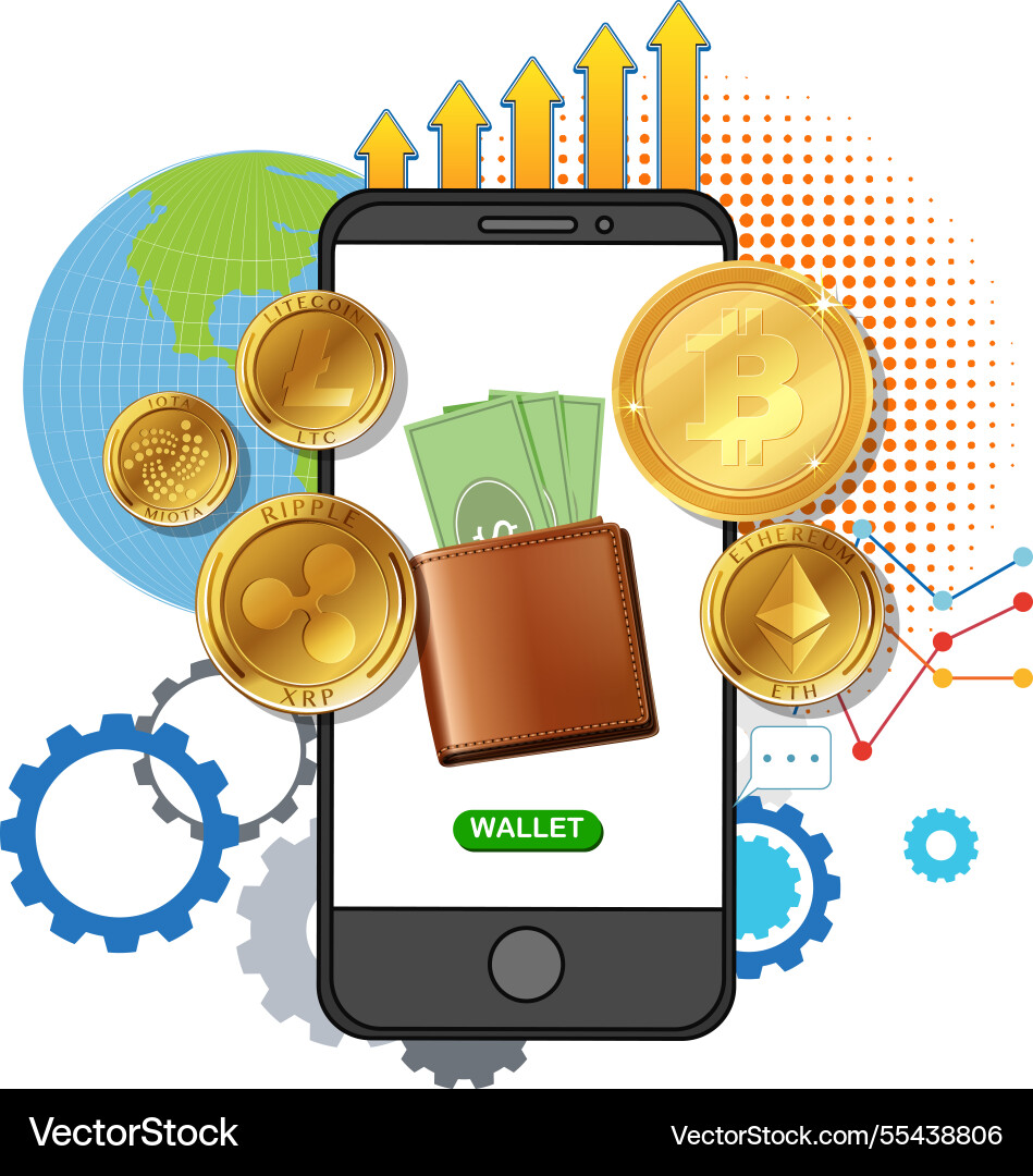 Mobile wallet with cryptocurrency symbols Vector Image