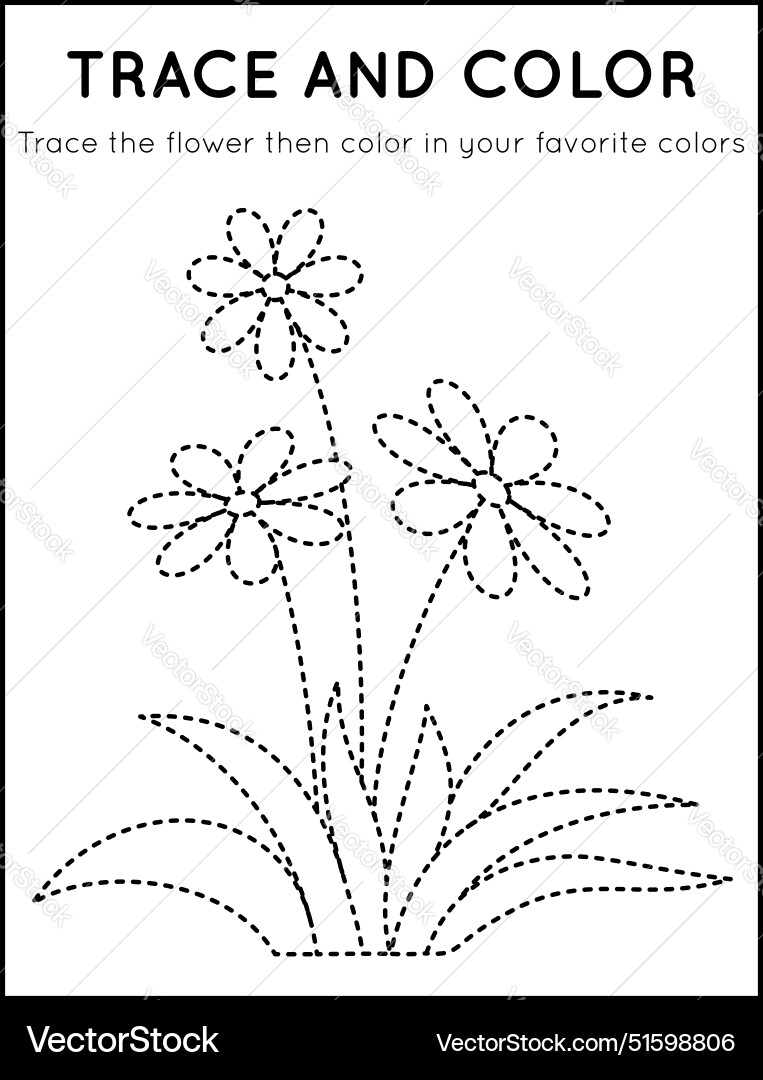 Trace and color cute flower in worksheet for kids Vector Image