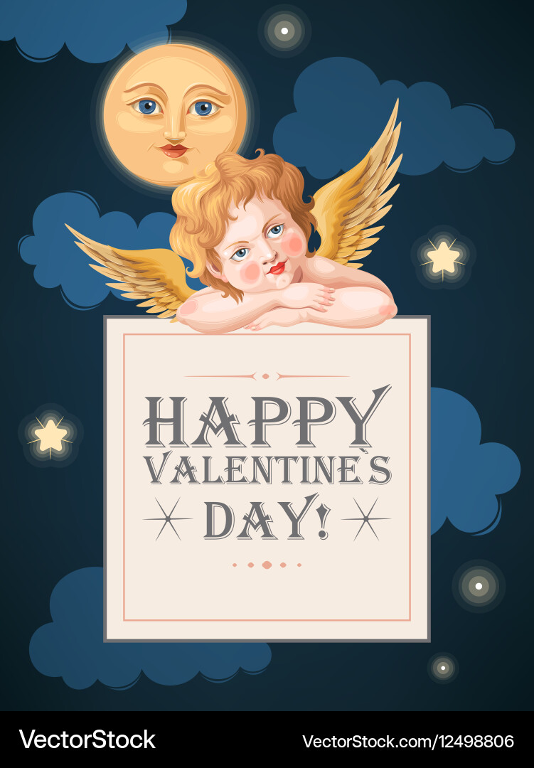 Valentines day card with cupid and moon Royalty Free Vector