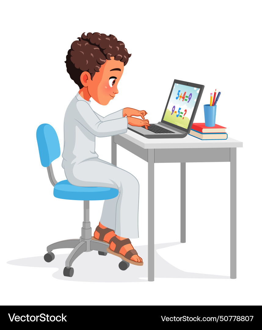 Arab school kid studying with laptop cartoon Vector Image