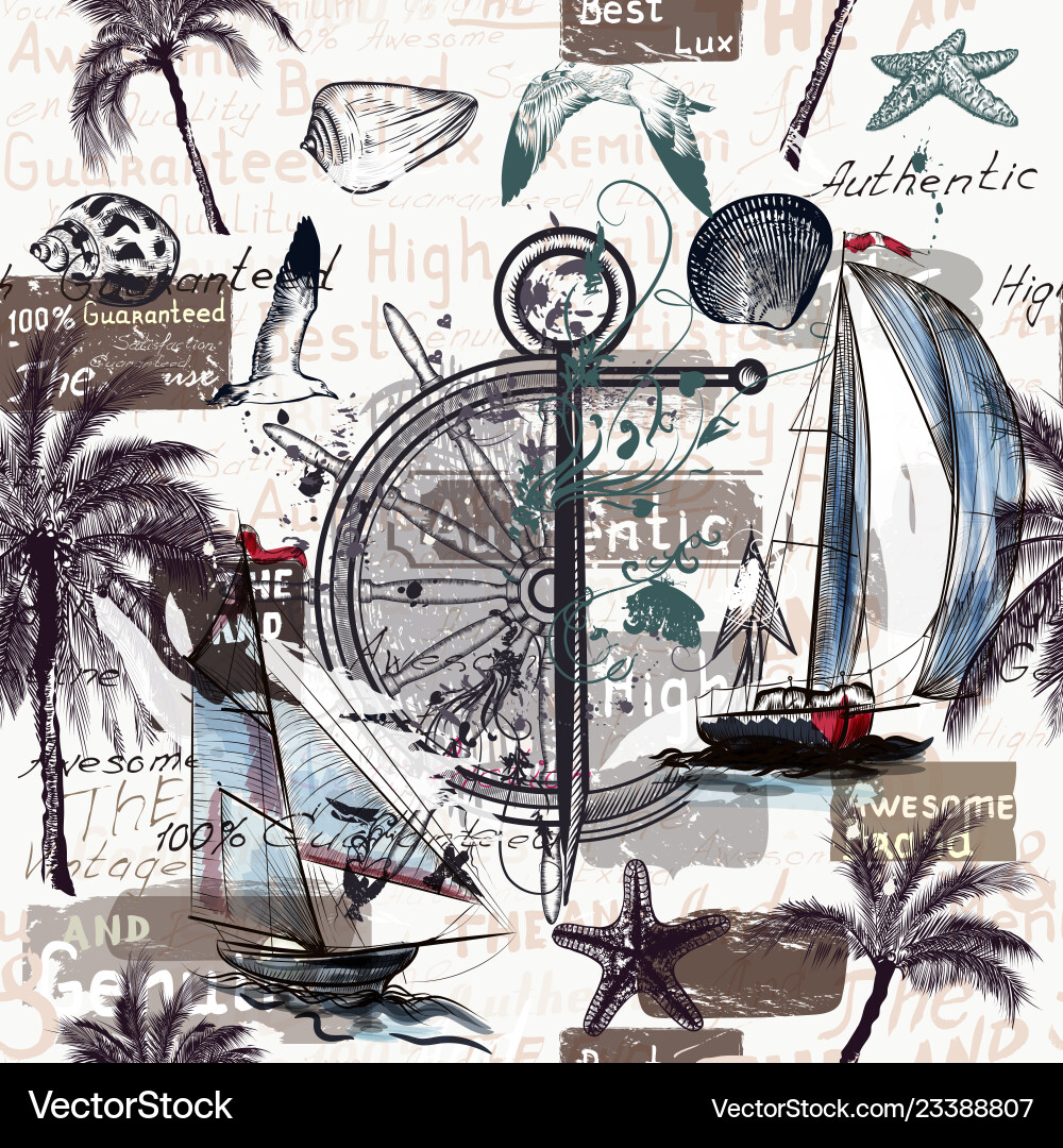 Tapetenmuster mit Schiffen Muscheln und Palmen Vektorbild