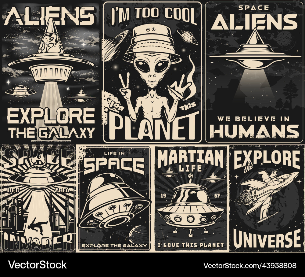 Aliens set monochrome flyers vintage Royalty Free Vector
