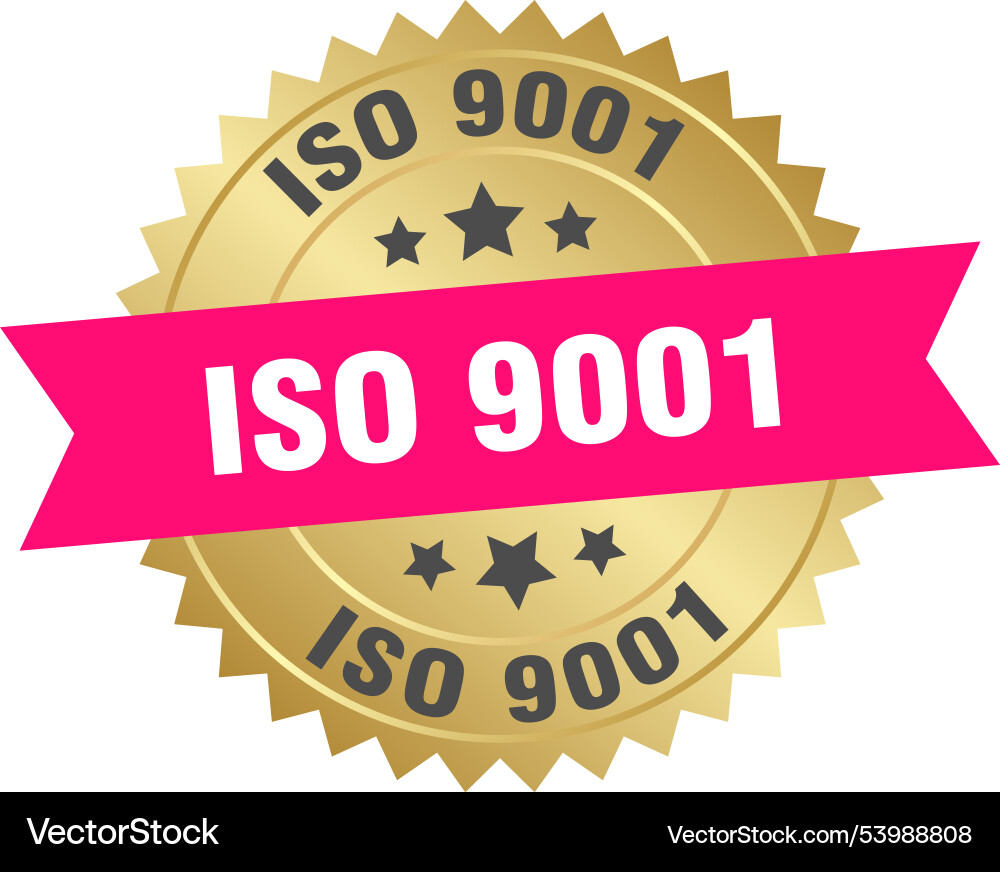 Iso 9001 round pink and gold label Royalty Free Vector Image