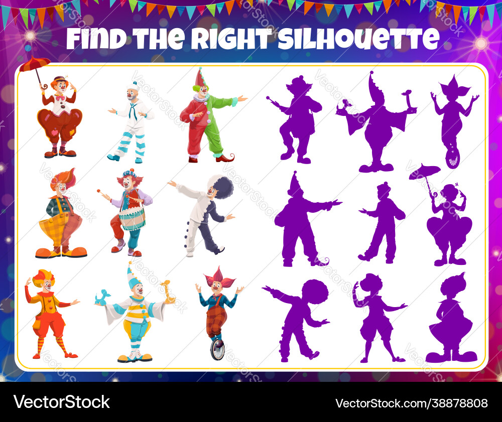 Shadow match game circus clowns puzzle boardgame Vector Image