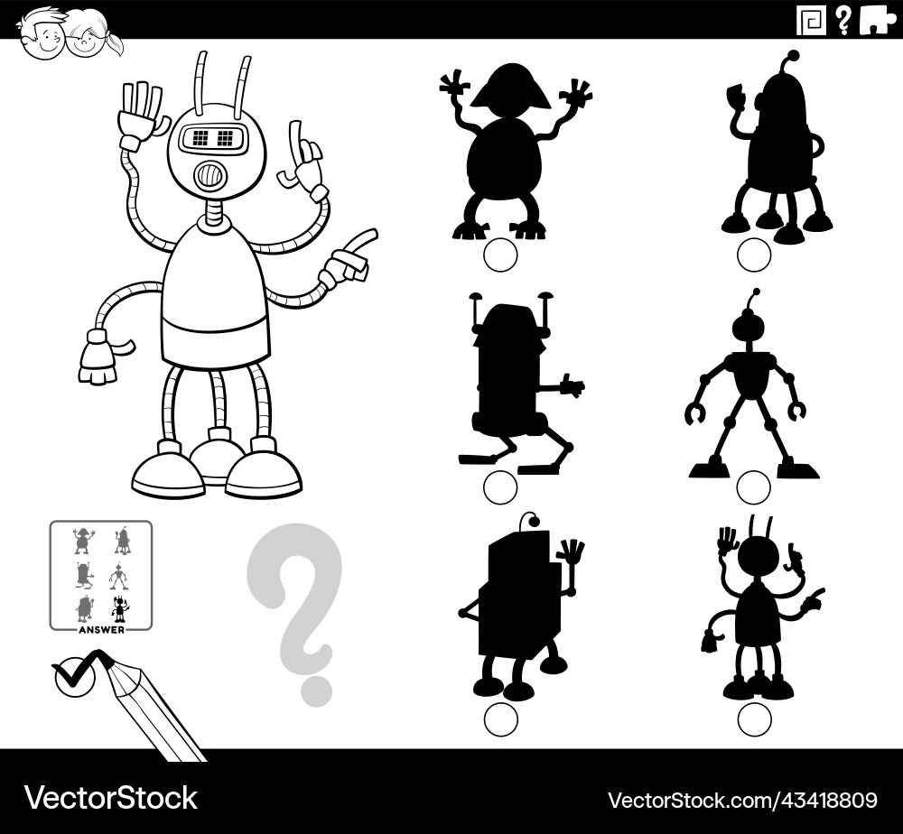 Shadow game with cartoon robot coloring page Vector Image