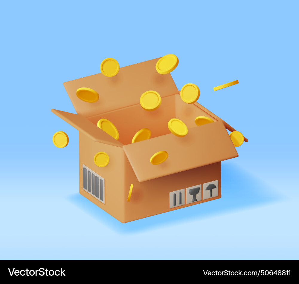 3d Cardboard Box With Gold Coins Inside Royalty Free Vector
