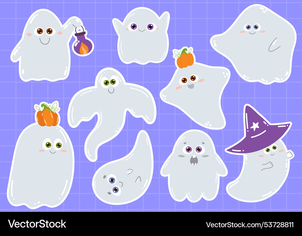Halloween hand drawn ghost stickers set cute Vector Image