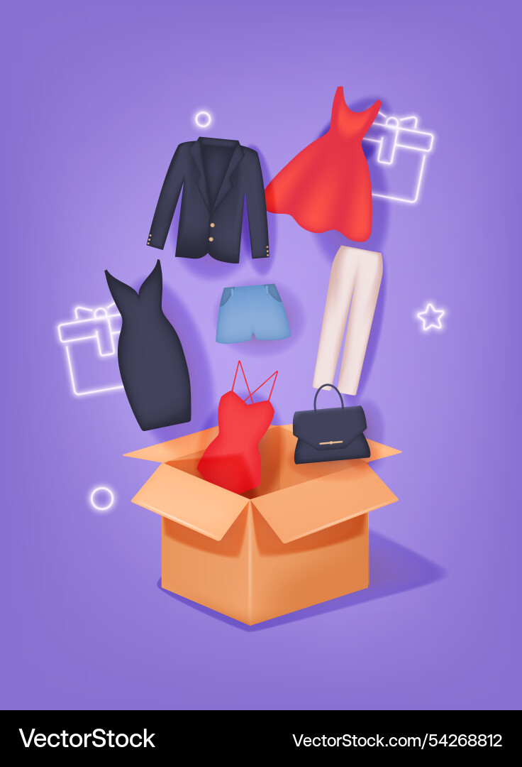 Cardboard package box with clothing flying from Vector Image