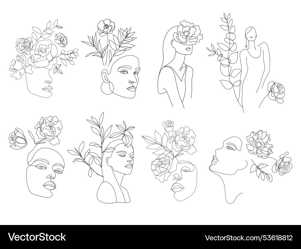 Set of woman face art continuous line Royalty Free Vector