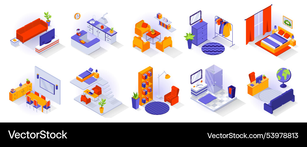 Home interiors elements concept isometric 3d Vector Image