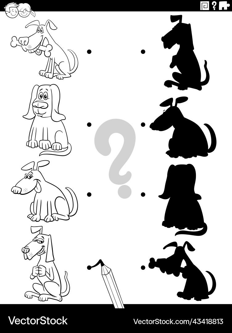 Shadow game with cartoon dogs coloring page Vector Image