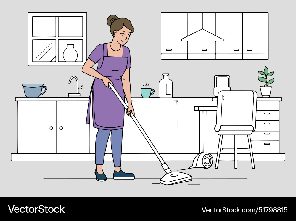 A woman doing housework colorful continuous line Vector Image