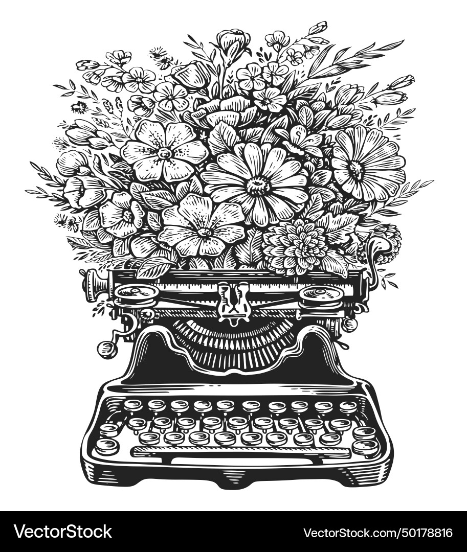 Retro typewriter and flowers Royalty Free Vector Image