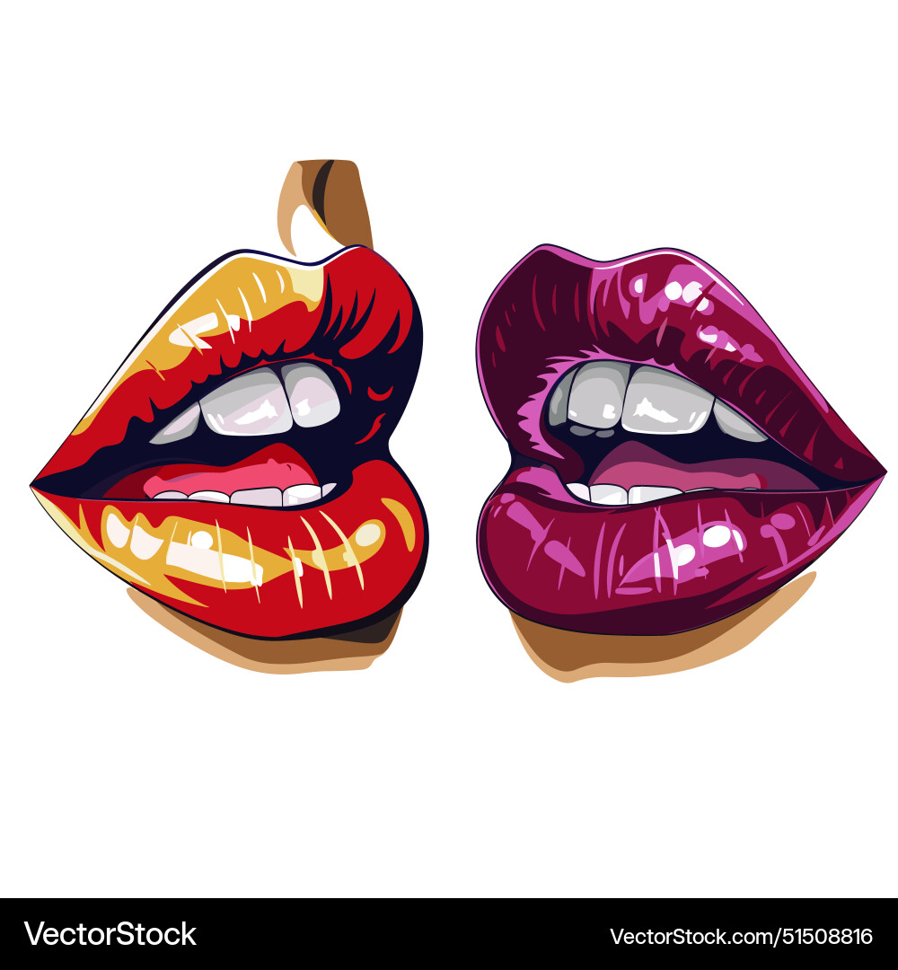 Two pairs lips decorated one fiery Royalty Free Vector Image