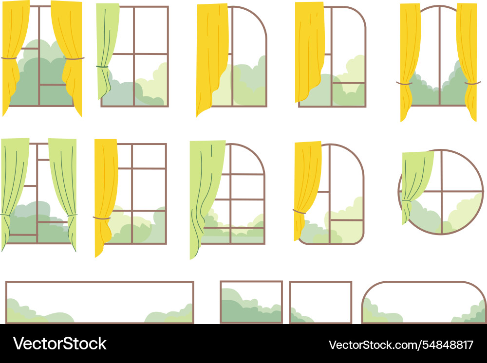 A collection of window designs with curtains Vector Image