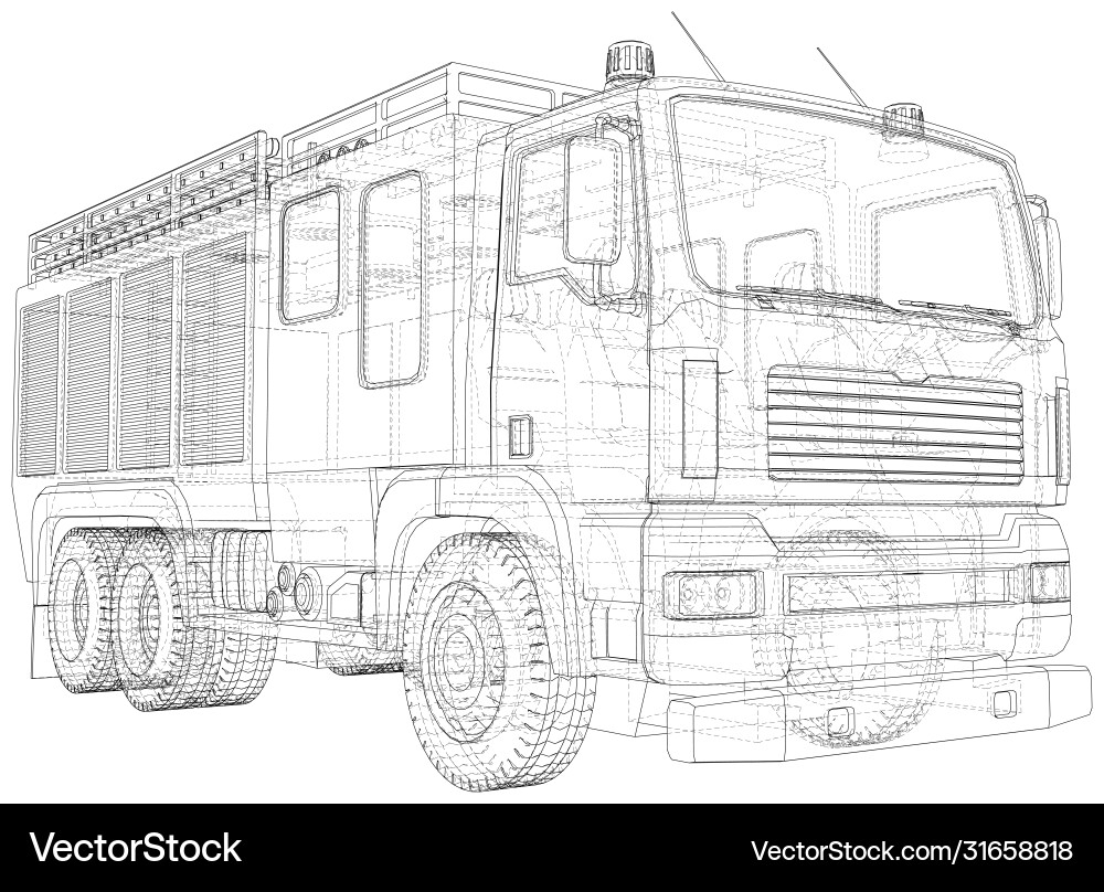 Wire-frame fire truck engine Royalty Free Vector Image