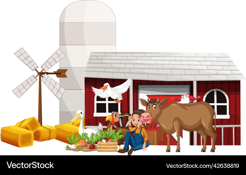 Farming theme with farmer and animals Royalty Free Vector